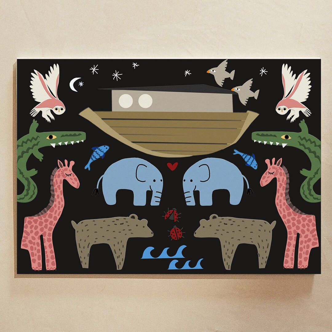 Noah's Ark Poster, Colorful Animals Wall Art, Christian Nursery Art ...