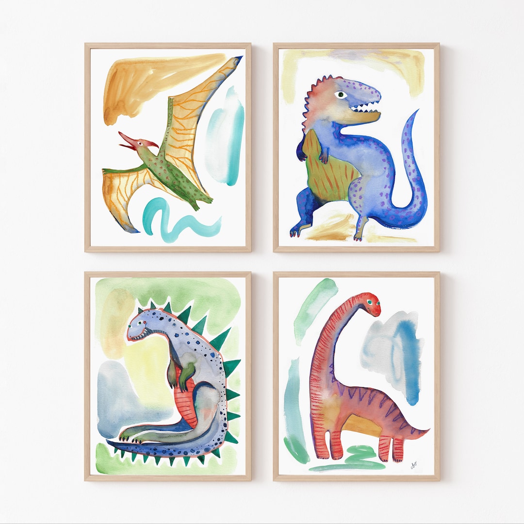 Colorful Dinosaurs Wall Art, Dino Nursery Illustrations, Funky ...