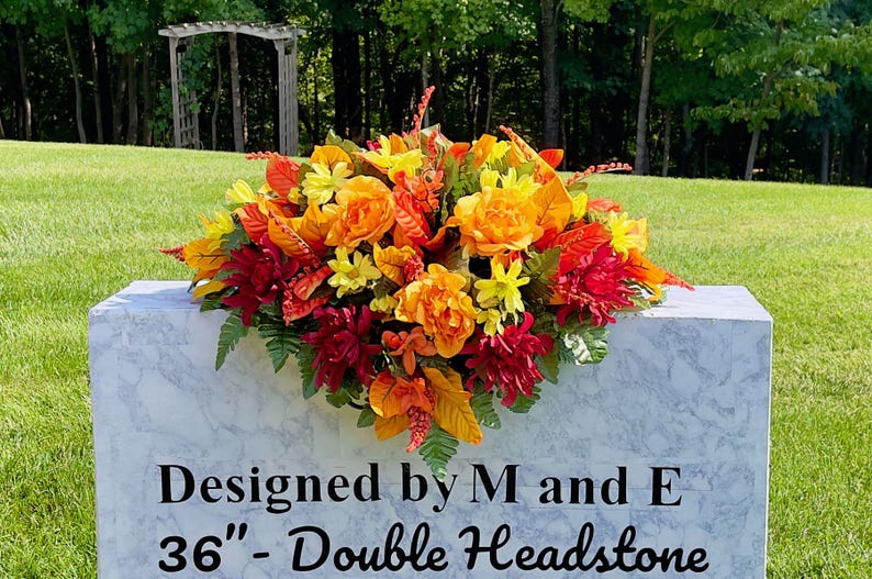 Fall Colors Silk Flower Cemetery Saddle: Memorial Headstone Arrangement ...