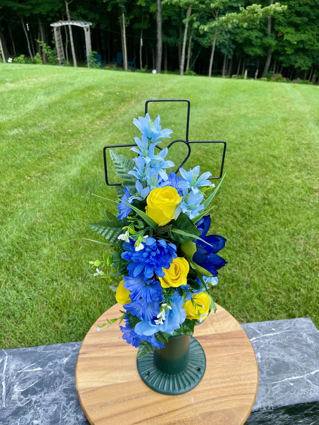 Blue and Yellow Silk Flower on Cross, Cemetery Cross With Heart, 22 ...