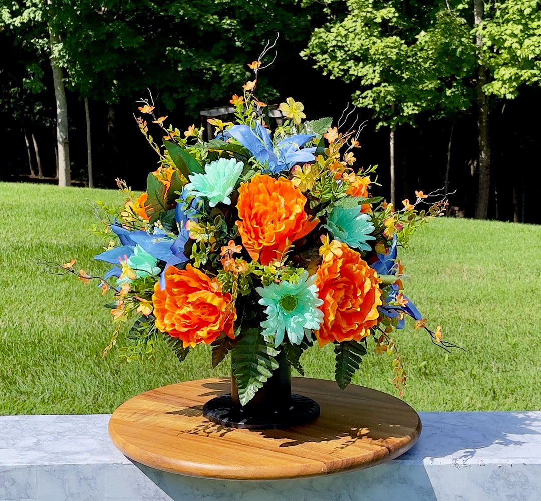 Pastel Blue and Orange Cemetery Vase, Vase Arrangement, Memorial ...