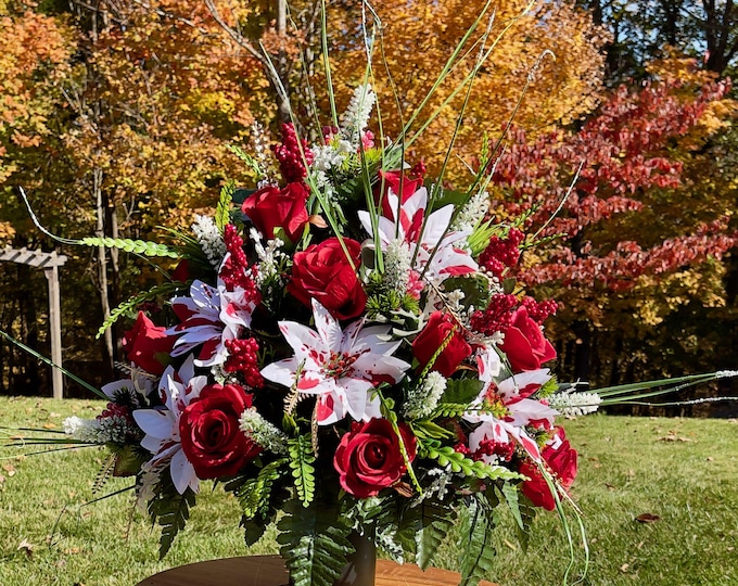 Variegated Poinsettia Christmas Vase, Winter Headstone Decorations ...