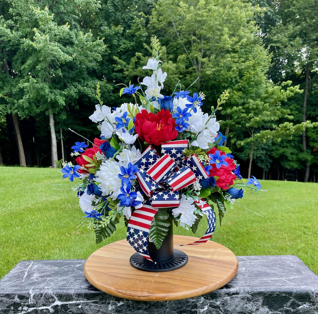 Patriotic Cemetery Vase: Red, White, and Blue Memorial Flowers - Etsy