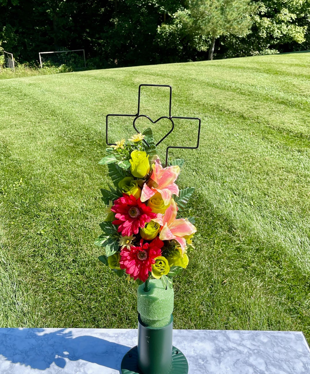 Pink-green Silk Flowers on Cross, Cemetery Cross With Heart, 22 Cross ...