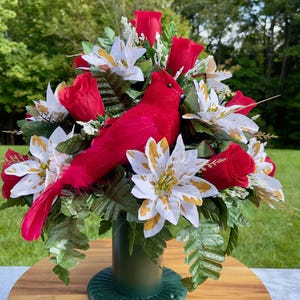Cardinal With Red Roses Christmas Cemetery Vase, Memorial Cemetery Vase ...