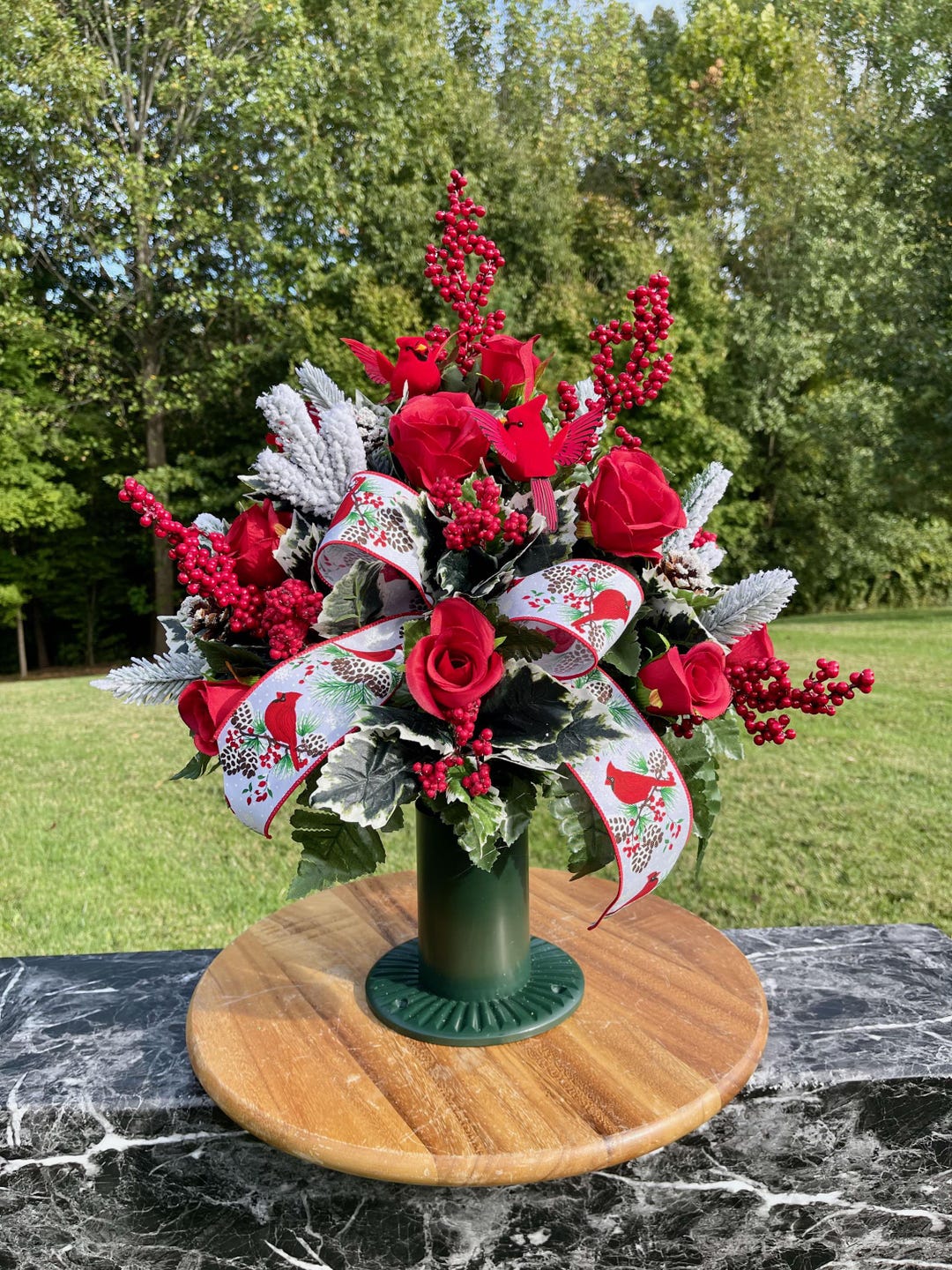 Cardinal/redbird Christmas Cemetery Vase With Bow, Winter Vase ...