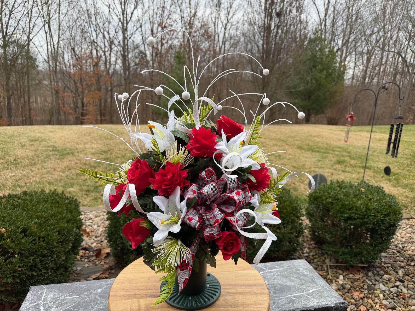Valentine Cemetery Vase With Swirls and Bow, Cemetery Arrangement ...