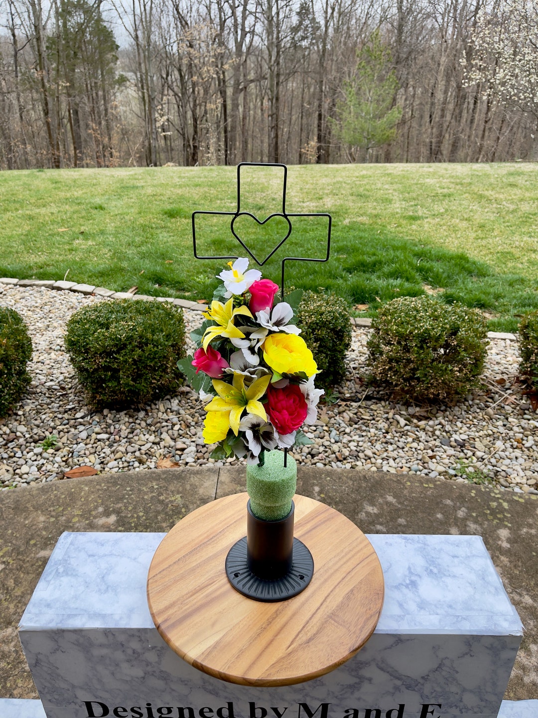 Pink-white-yellow Silk Flowers on Cross, Cemetery Cross With Heart, 22 ...