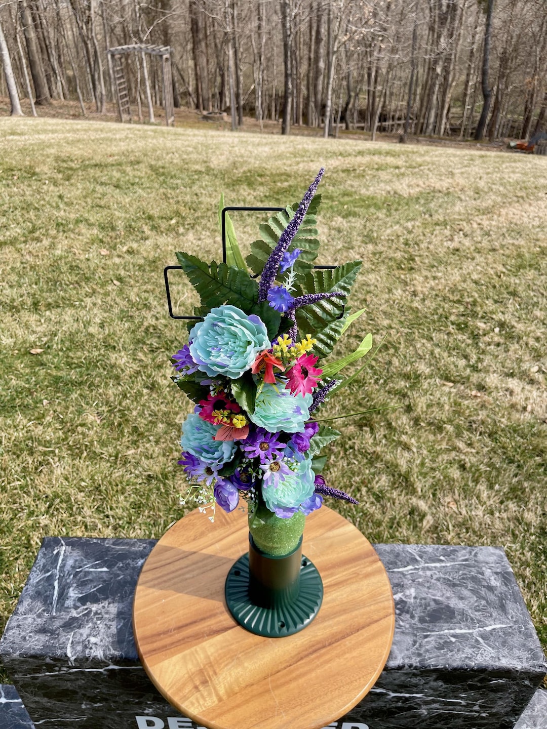 Purple and Pink Silk Flowers on Cross, Cemetery Cross With Heart, 22 ...