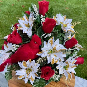Cardinal With Red Roses Christmas Cemetery Vase, Memorial Cemetery Vase ...