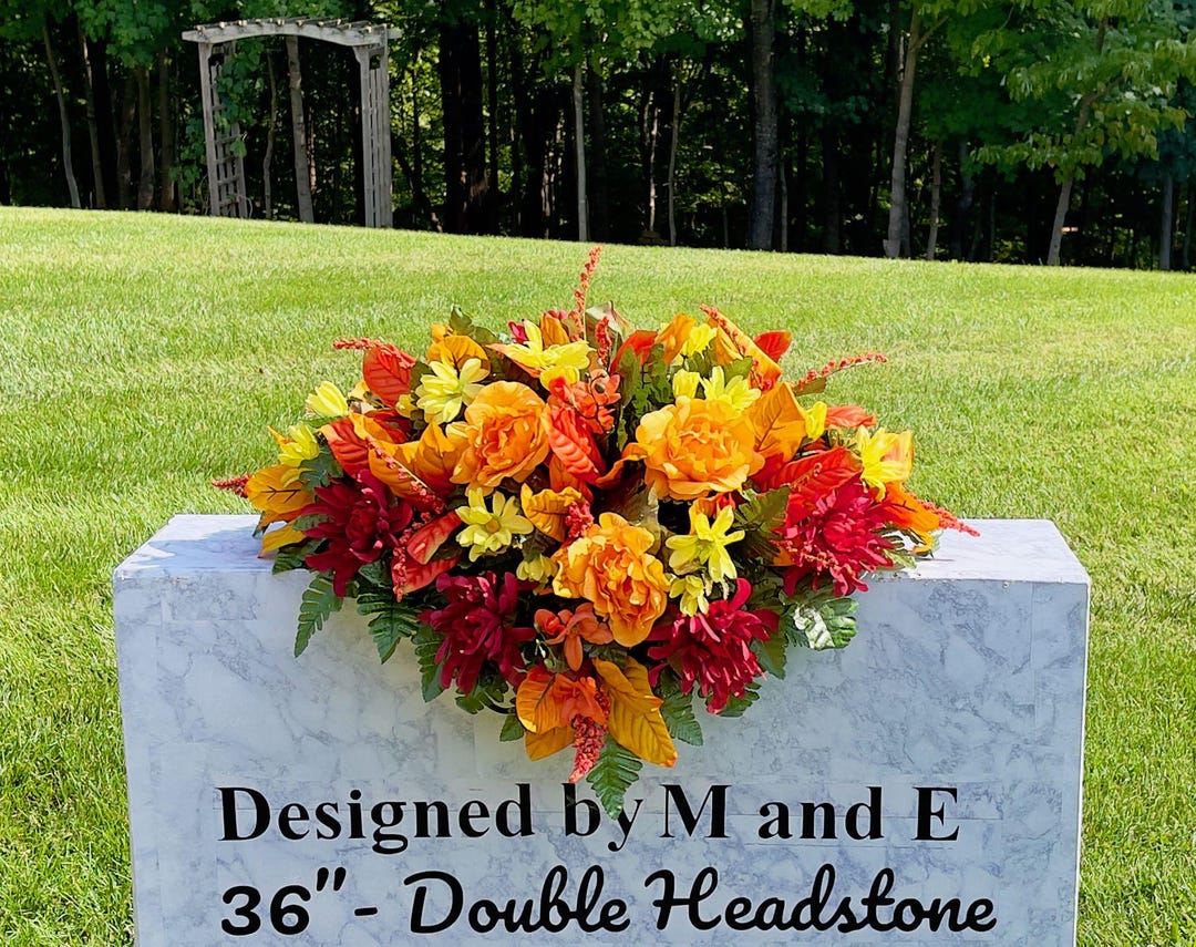 Fall Colors Silk Flower Cemetery Saddle: Memorial Headstone Arrangement ...