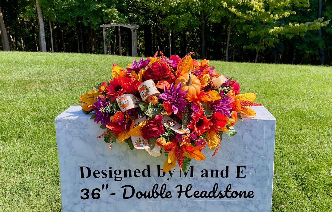 Fall Colors With Pumpkin and Bow and Quality Silk Flowers, Cemetery ...
