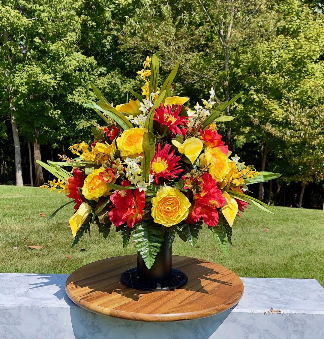 Yellow and Reddish Fall Cemetery Vase, Vase Arrangement, Memorial ...