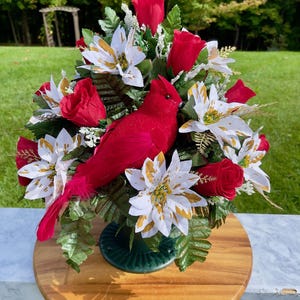 Cardinal With Red Roses Christmas Cemetery Vase, Memorial Cemetery Vase ...