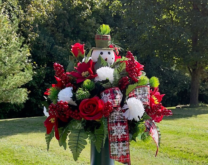 Snowman in Green Hat Christmas Cemetery Vase, Vase Arrangement ...