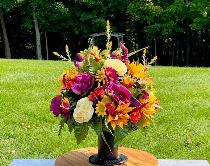 Cream-burgundy-orange Fall Cemetery Vase, Vase Arrangement, Memorial ...
