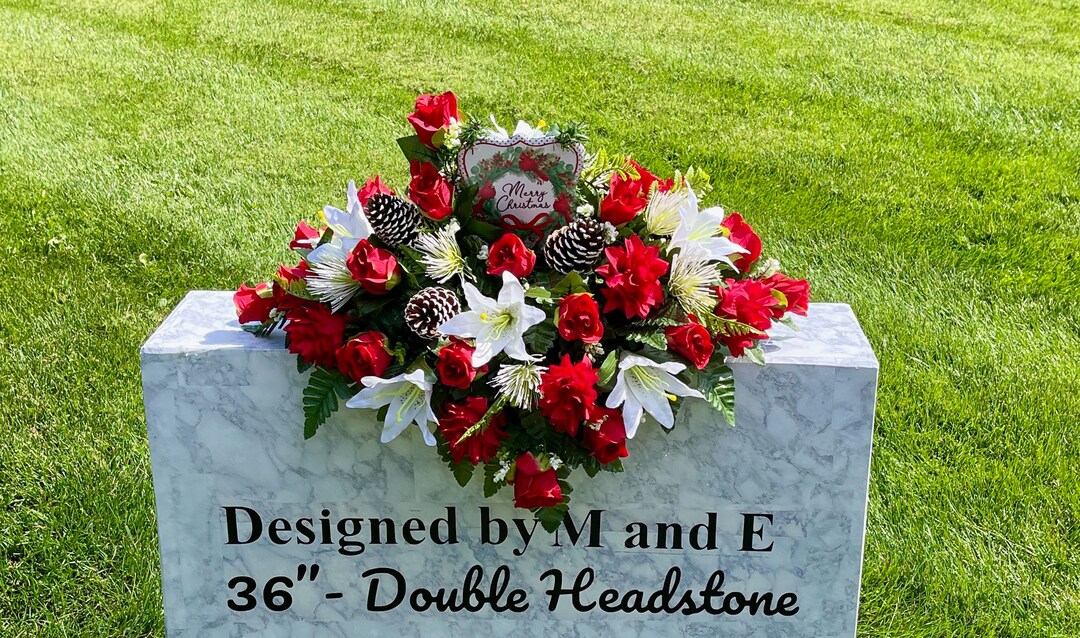 Christmas Cemetery Saddle, Red & White Silk Flowers, Headstone ...