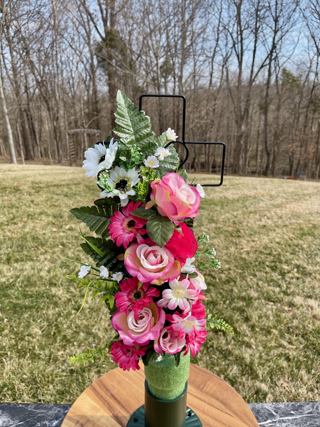 Pink and White Silk Flowers on Cross, Cemetery Cross With Heart, 22 ...
