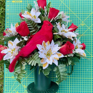 Cardinal With Red Roses Christmas Cemetery Vase, Memorial Cemetery Vase ...