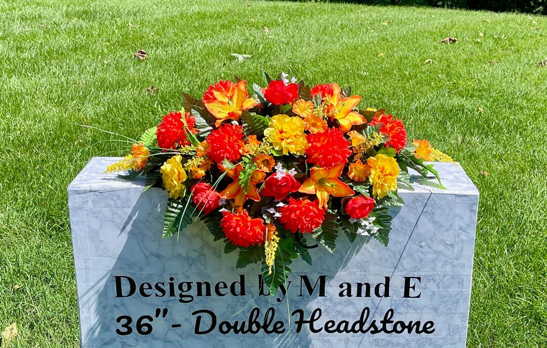 Fall Silk Flower Cemetery Saddle: Deep Orange & Yellow Headstone ...