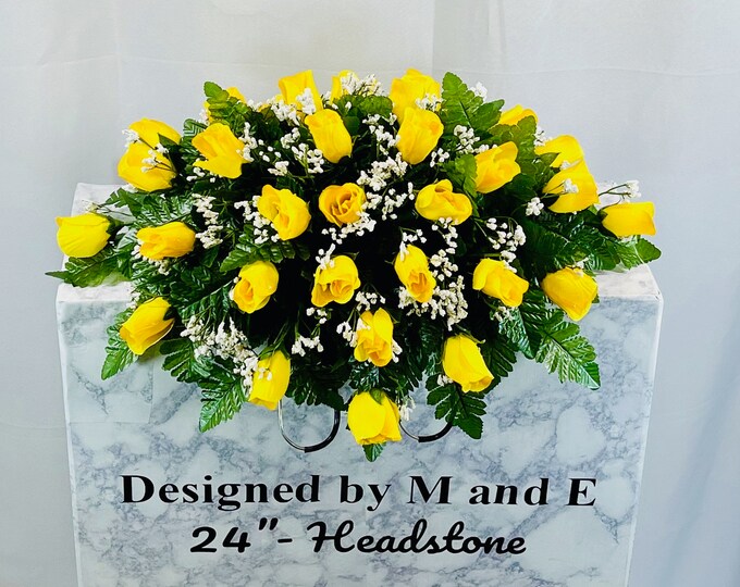 Yellow Roses Single Headstone Cemetery Saddle, 22-24” Cemetery Flower ...