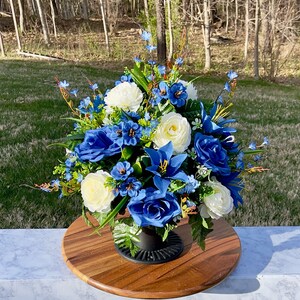 White and Blue Cemetery Vase, Vase Arrangement, Memorial Cemetery Vase ...