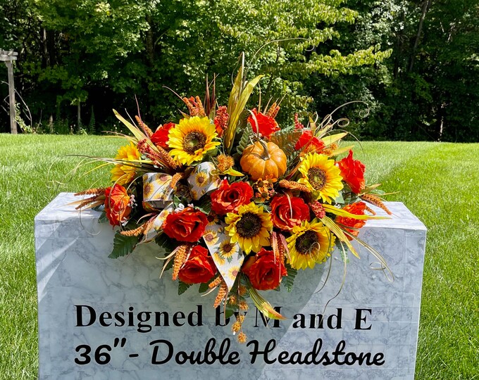 Bow With Pumpkin Quality Silk Flowers, Fall Cemetery Saddle, Cemetery ...