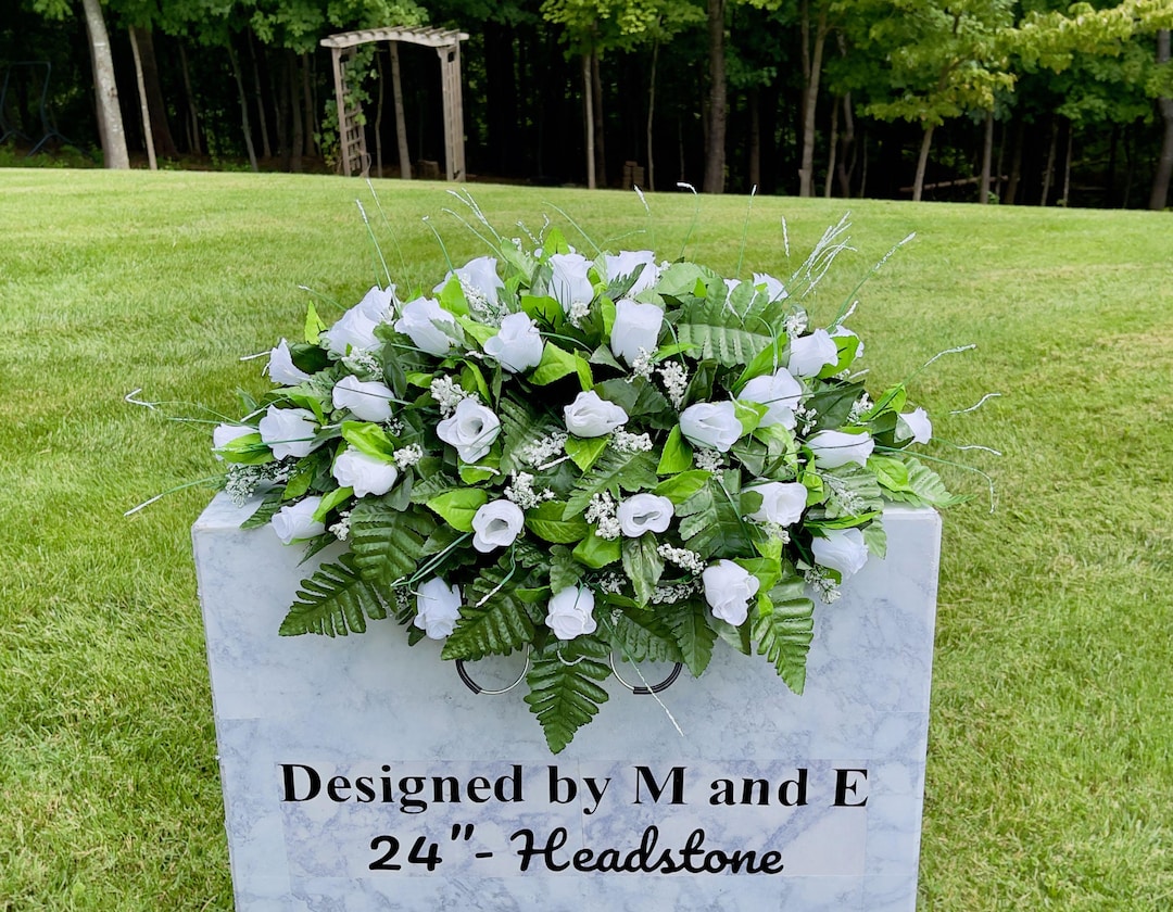 White Rose Cemetery Saddle: Quality Silk Headstone Arrangement (22-24 ...