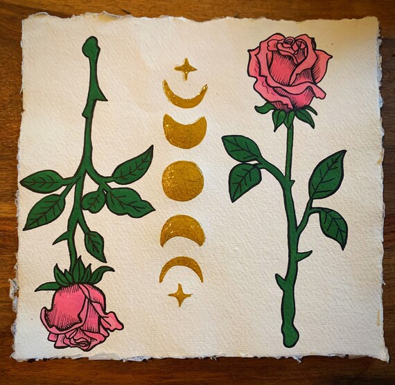 Moon Phase Roses Painting | Etsy
