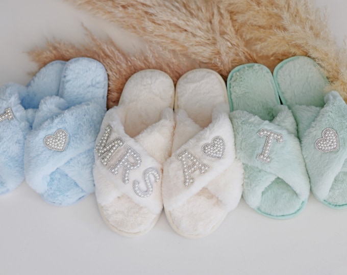 Personalized Fluffy Slippers for Bridesmaids Team Bride Slippers ...