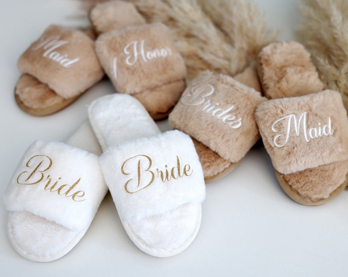 Personalized Fluffy Slippers for Bridesmaids Team Bride Slippers ...