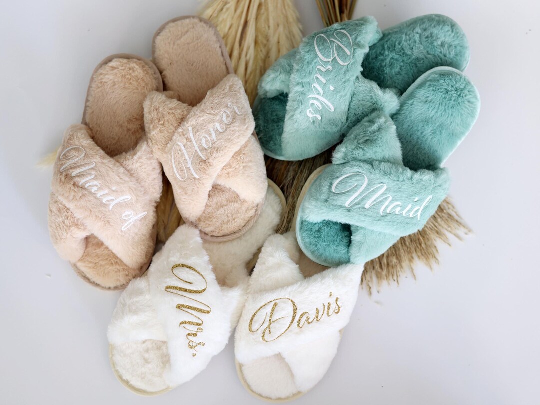 Personalized Fluffy Slippers for Bridesmaids Team Bride Slippers ...