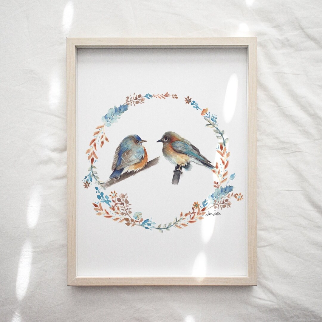 Eastern Bluebird Couple Art Print | Watercolor Birds in Floral Wreath ...