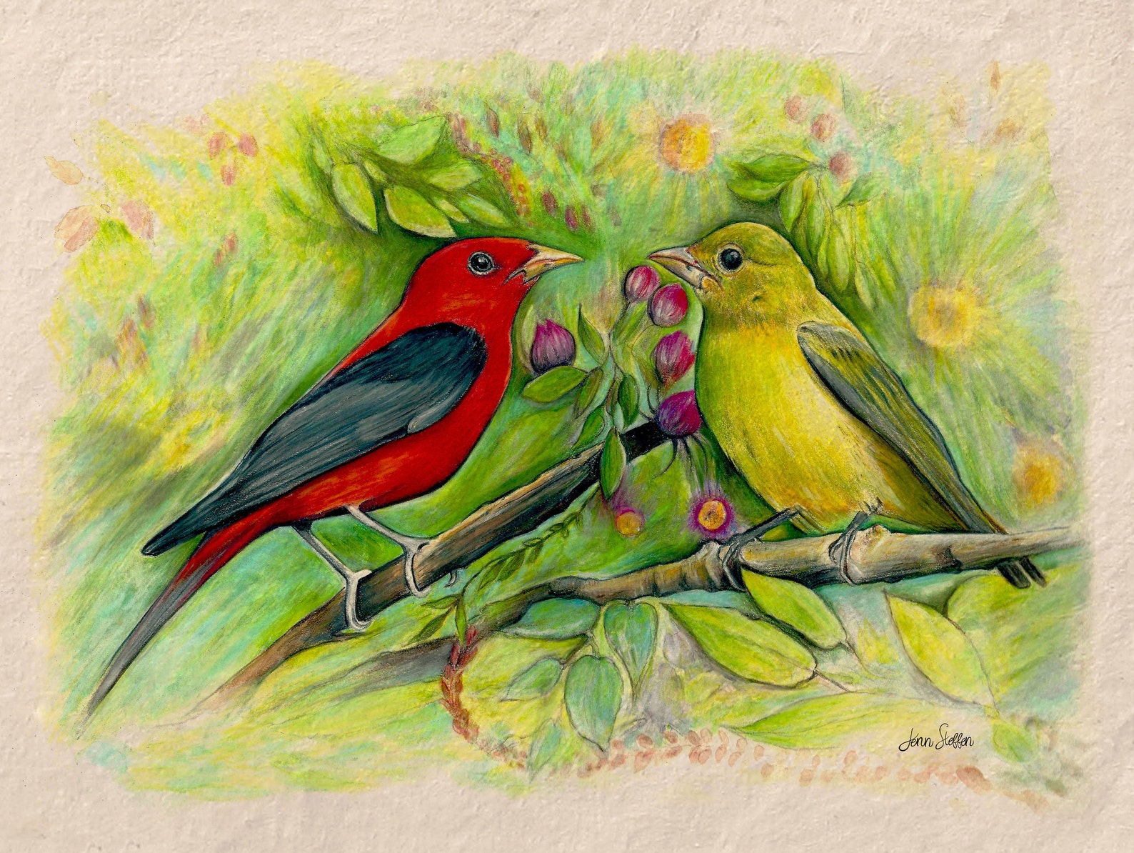 Scarlet Tanagers Couple Painting Art Print Scarlet Tanagers - Etsy