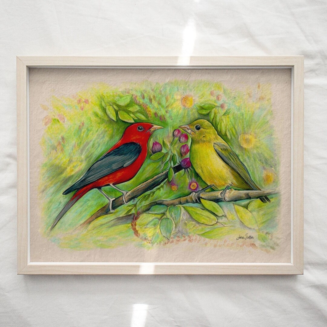 Scarlet Tanagers Couple Painting, Art Print Scarlet Tanagers, Scarlet ...