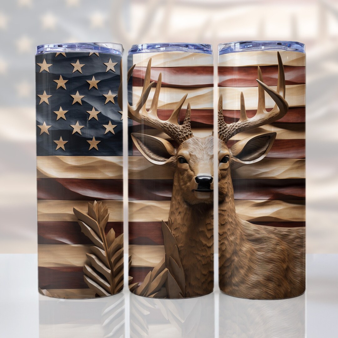 3D Deer American Flag Tumbler Wrap, 20 Oz Skinny Tumbler Sublimation Design, Instant Digital ...