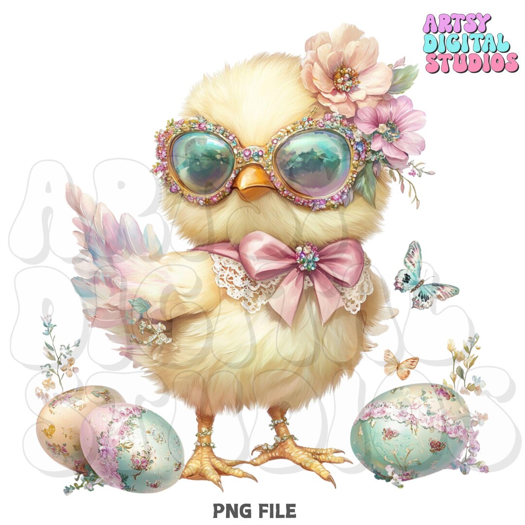 Watercolor Easter Chick PNG: Sunglasses, Glitter Butterfly (sublimation ...