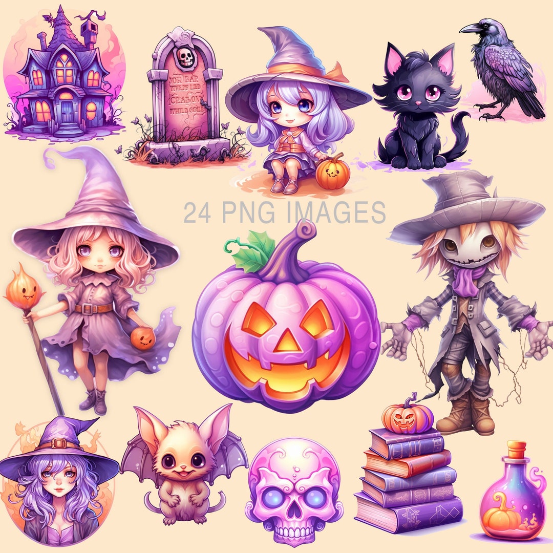 Pink Halloween Clipart Bundle: Watercolor PNG Designs (commercial Use ...