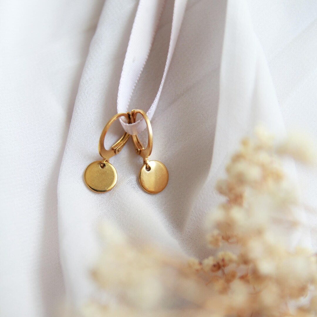 Mini Disc Hoop Earring | Gold Tiny Disc Drop Hoops | Hypoallergenic ...