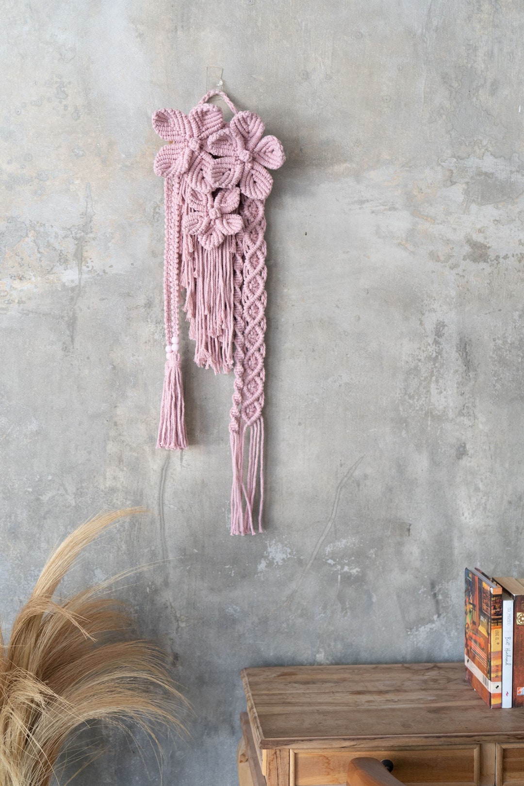 Pink Floral Macrame Wall Hanging, Dusty Pink Wall Art for Entryway ...