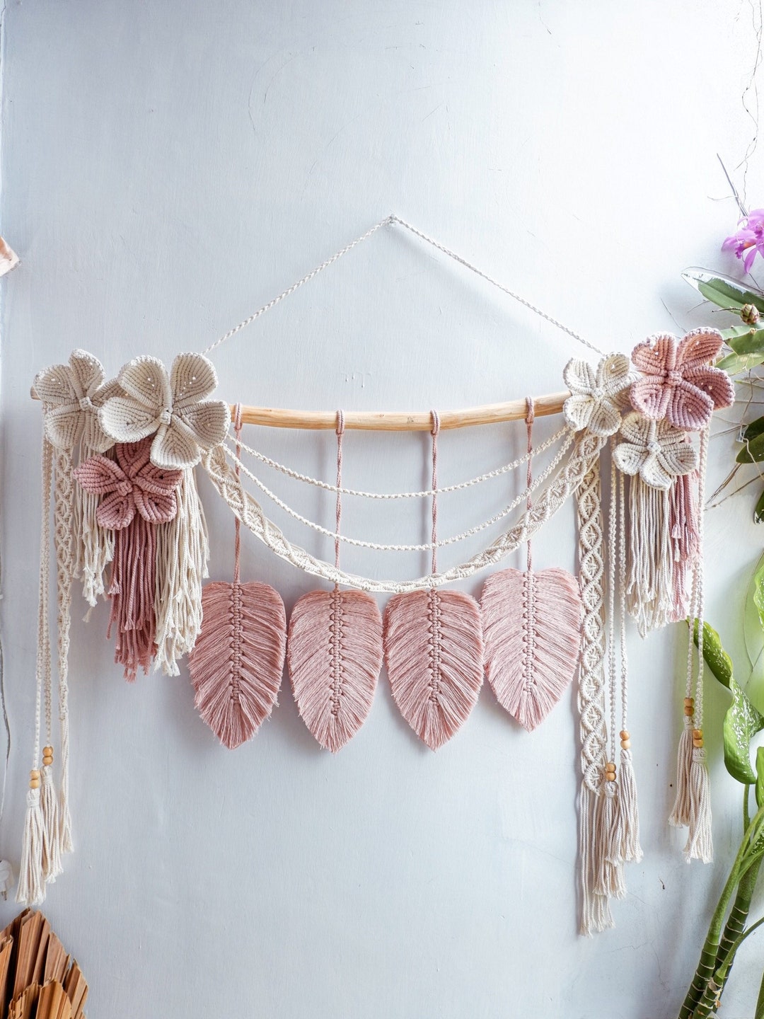 Extra Large Floral Macramé Wall Hanging With Leaves, Pink & Ivory Wall ...