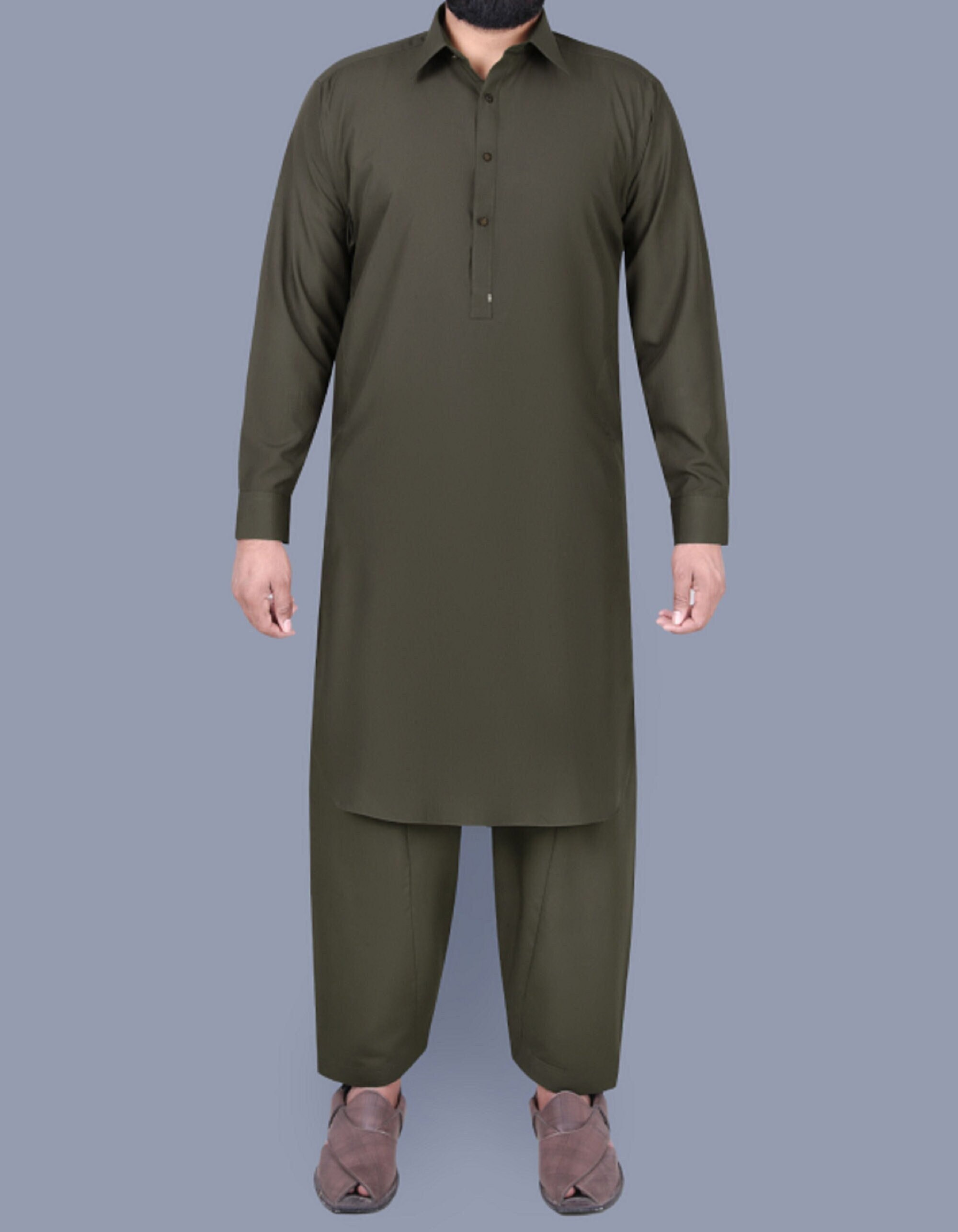 Pakistani Style Mens Handmade Olive Plain Shalwar Kameez New Collection ...