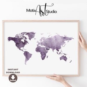 Instant Download Abstract World Map Print. Purple World Map Wall Art ...