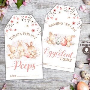 Set of 2 Printable Easter Gift Tags With Cute Easter Bunnies and Easter ...