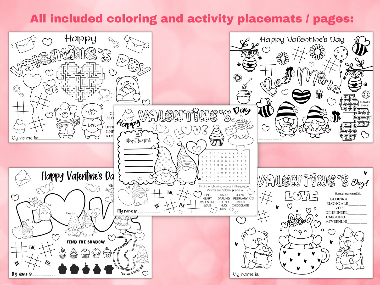 Valentine's Day Kids Coloring Placemats Pack of 5. | Etsy