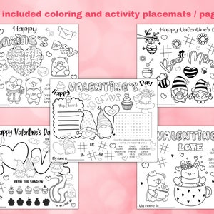 Valentine's Day Kids Coloring Placemats Pack of 5. Printable Activity ...