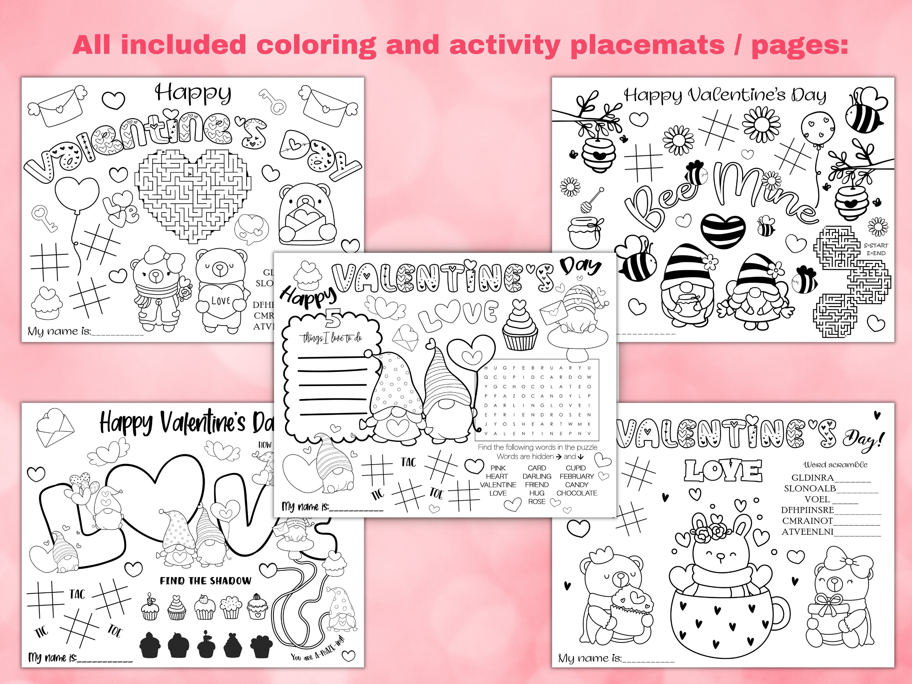 Valentine's Day Kids Coloring Placemats Pack of 5. | Etsy