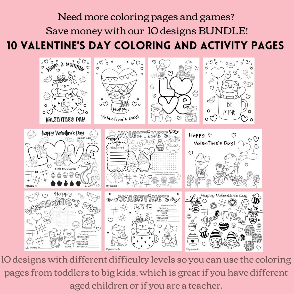 10 Valentine's Day Coloring and Activity Pages Mega | Etsy