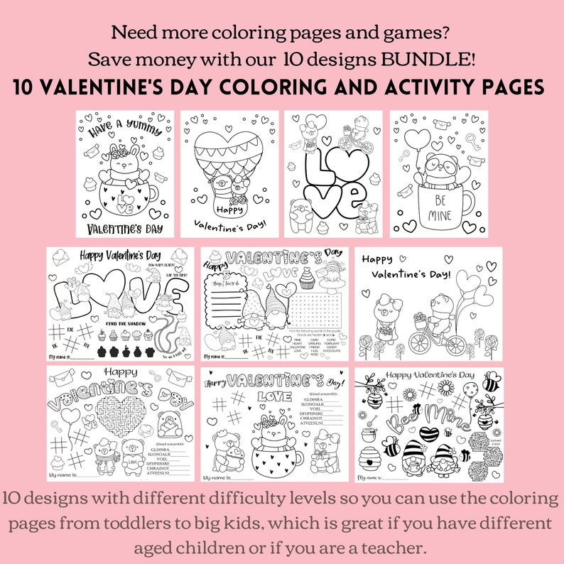 10 Valentine's Day Coloring and Activity Pages Mega - Etsy