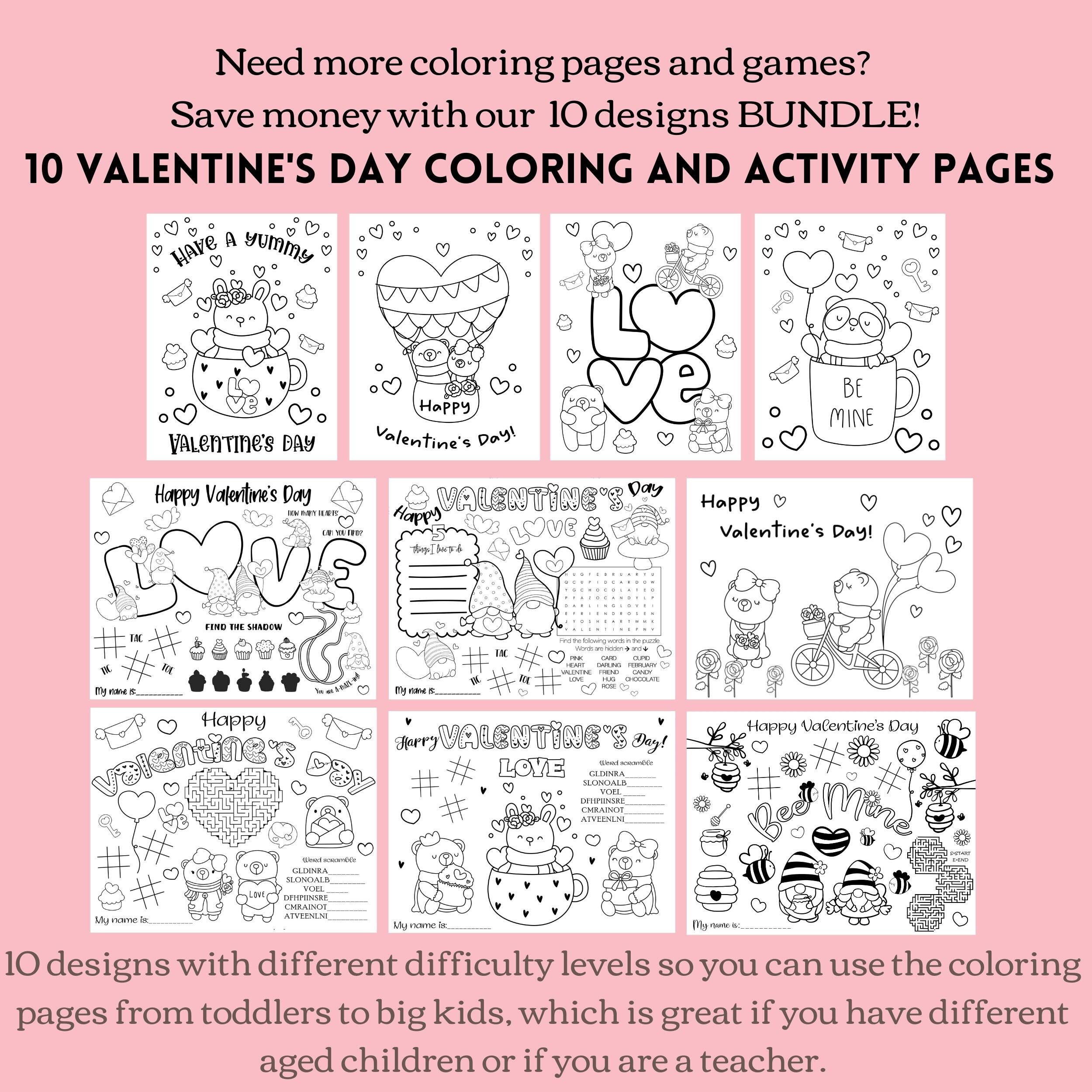 10 Valentine's Day Coloring and Activity Pages Mega Bundle. Kids ...